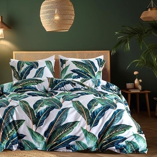 Green Leaf Pattern Duvet Cover Set King Size Cotton Bedding - Bed Bath ...