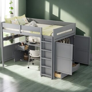 Modern Full Size Wooden Loft Bed with Under-Bed Storage Shelves, Study ...
