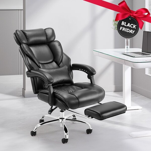 Office Chair with Footrest Ergonomic Computer Chair with Extra Lumbar Support Pillow Thick Bonded Leather Brown