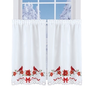 Festive Embroidered Cardinal Poinsettia Kitchen Café Curtains - Bed ...