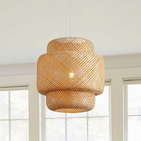 Rattan Weave 1-Light Farmhouse Bamboo Pendant Lighting Fixture - On ...