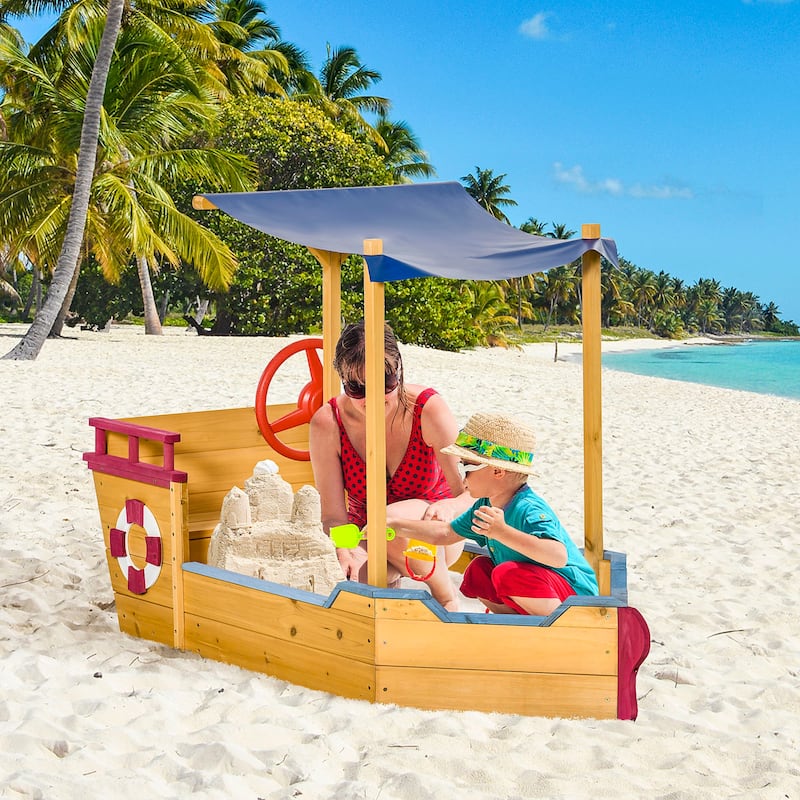 Outsunny Pirate Ship Kids Sandbox with Cover, Outdoor Wooden Sandbox ...