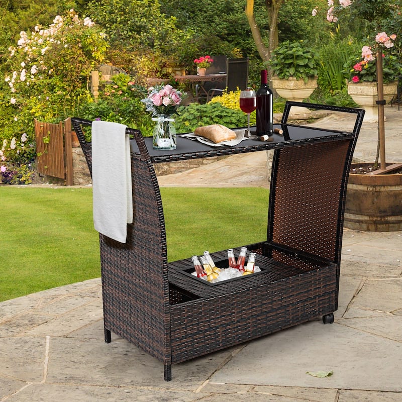 Wicker Bar Cart Patio Counter Table with Wheels and Ice Bucket ...