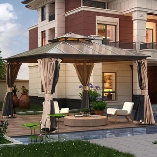 12'x12' Hardtop Aluminum Permanent Outdoor Gazebo with Curtain and Net ...
