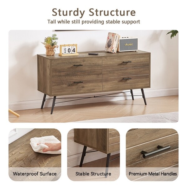 Rustic Walnut 4 Drawer Dresser with Metal Frame Multi functional Chest of Drawers Walnut Brown