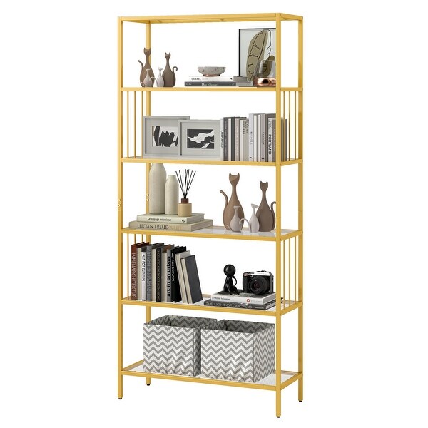 Moasis 6 Tier Bookshelf Tempered Glass Shelves Bookcase with Gold Steel Frame White Gold