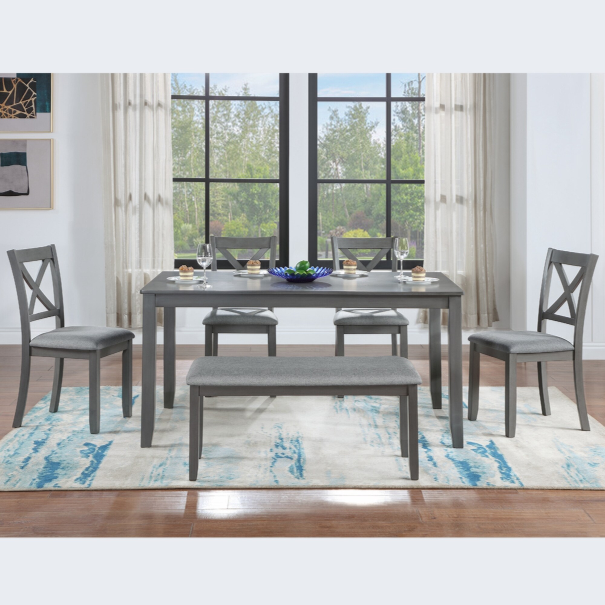 Wooden Dining Rectangular Table with Bench Kitchen Table with Bench for Small Space 6 Person Dining Table Grey