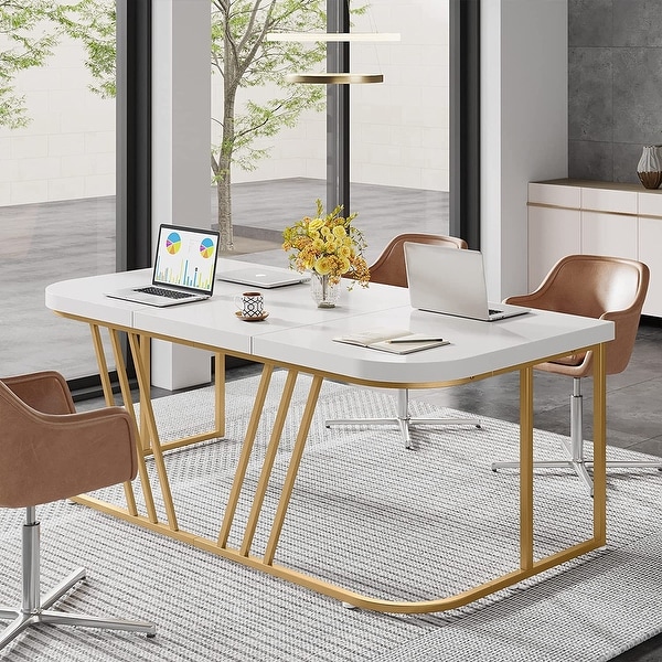 70.9" Modern Office Desk, White Gold Computer Desk Executive Desk - On ...