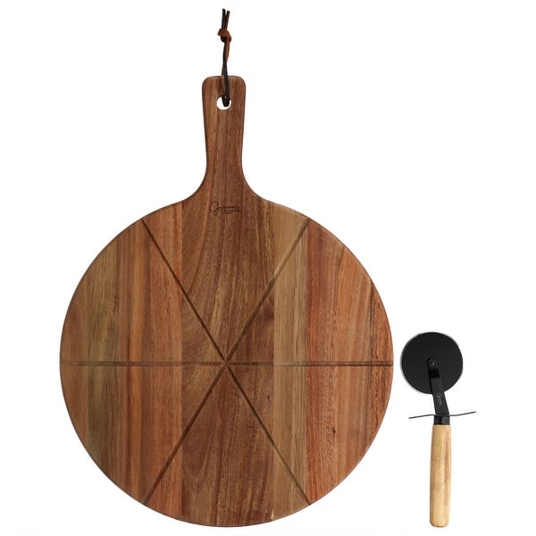 Gibson Elite 2 Piece Brown Acacia Wood Serving Board and Pizza Cutter ...