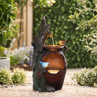 Rain Barrel Pot with Tree and Birds 2.5-Feet Tall Outdoor Polyresin ...