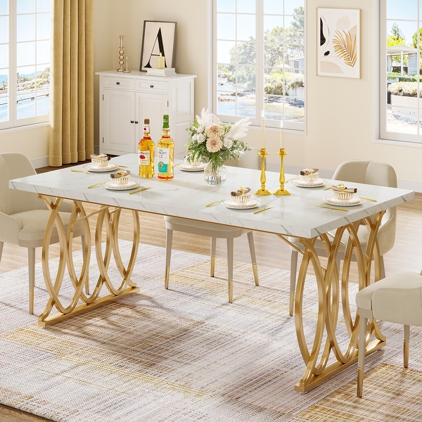 63 Inch Dining Table Modern Faux Marble Kitchen Table for 6 People White Gold
