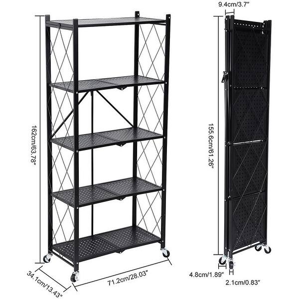 Black 5-Tier Heavy Duty Foldable Metal Rack Storage Shelving Unit - Bed ...
