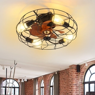 20" Black Industrial Caged Ceiling Fan with Lights and Remote Control ...