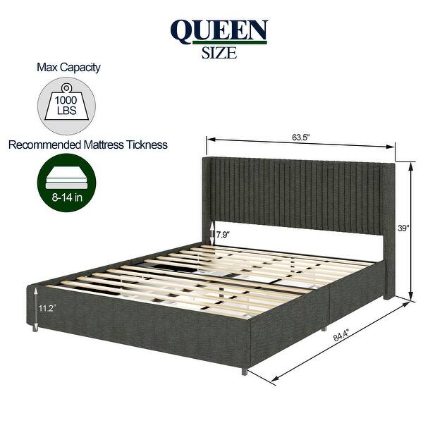 Linen Upholstered Platform Bed With Wooden Slatted Mattress Support ...