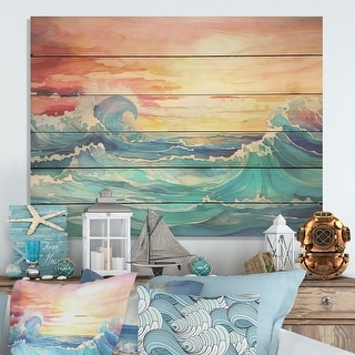 Designart "Rainbow Ocean Sunrise I" Ocean Wood Wall Decor - Nautical ...