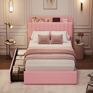 Bed Frame with Storage Headboard, Girls Bed Frame with 2 Drawers ...