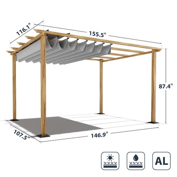 10 ft. x 13 ft. Wood Grain Aluminum Outdoor Pergola with Retractable ...