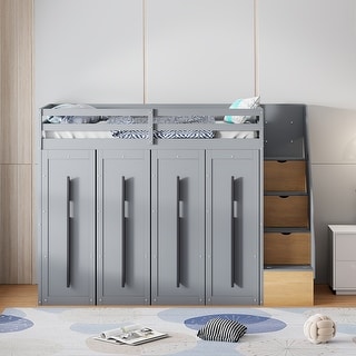 Gray Modern Loft Bed with Two-Tone Storage Stairs & Wardrobes - Bed ...