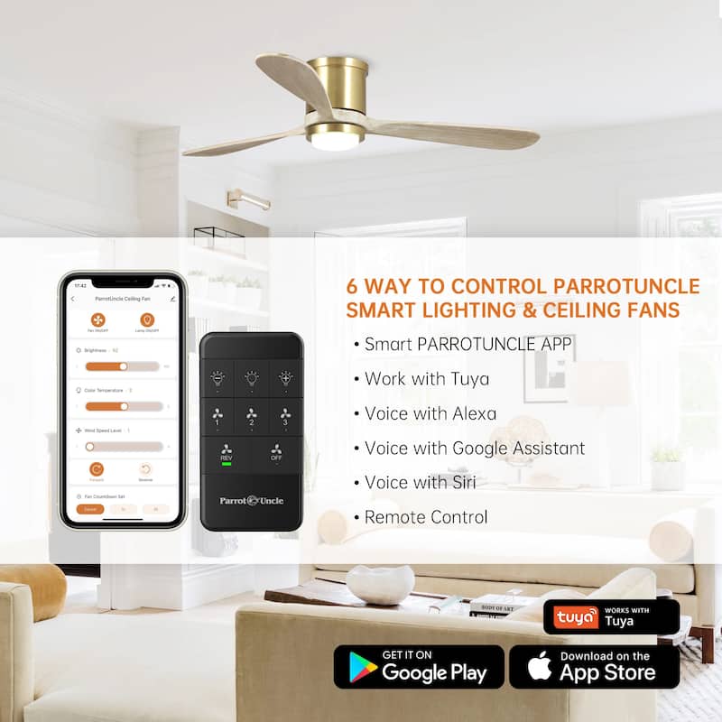 52" Gold Low Profile Smart Ceiling Fan with Light and Remote Control ...