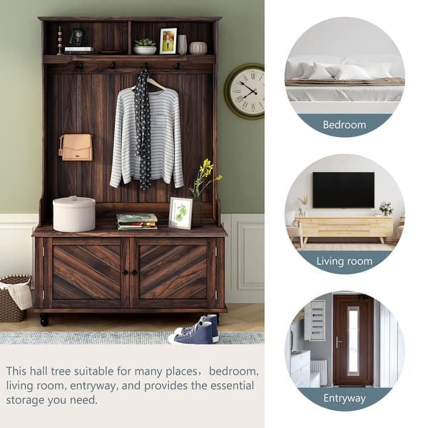 Versatile Hall Tree Wood Entryway Coat Hanger Built-in Storage Bench ...