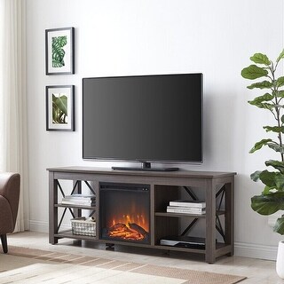 58" TV Stand with Log Fireplace Insert in Brown TVs up to 65" - 58 ...