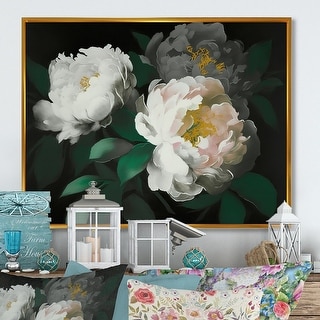 Designart "White Blossoming Peony On Black I" Floral Peony Framed ...