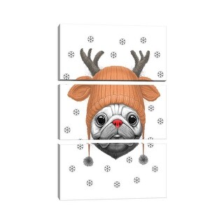 iCanvas "Pug Rudolph" by Nikita Korenkov 3-Piece Canvas Wall Art Set ...