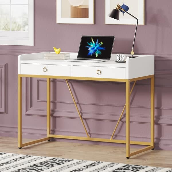 Modern Computer Desk White and Gold Vanity Desk with Drawers for Home ...