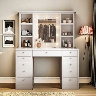 White Vanity Desk with LED Lighted Mirror Brightness Adjustable Hidden ...