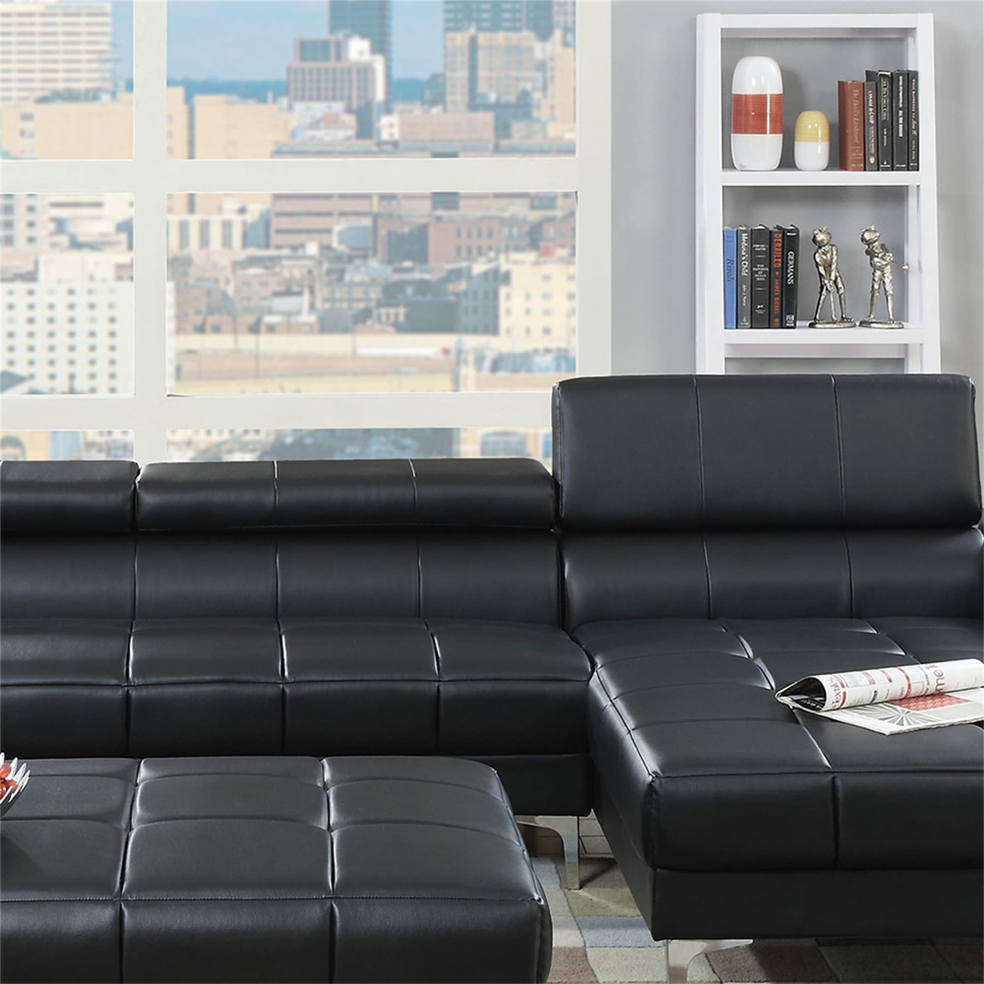Black Leather L Shaped Sectional Sofa with Adjustable Headrest 117 Wx69 Dx34 H Left Facing