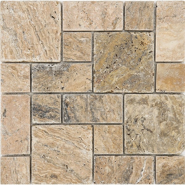 Rustic Desert Travertine Roman Pattern Tumbled Mosaic Tile - Bed Bath ...