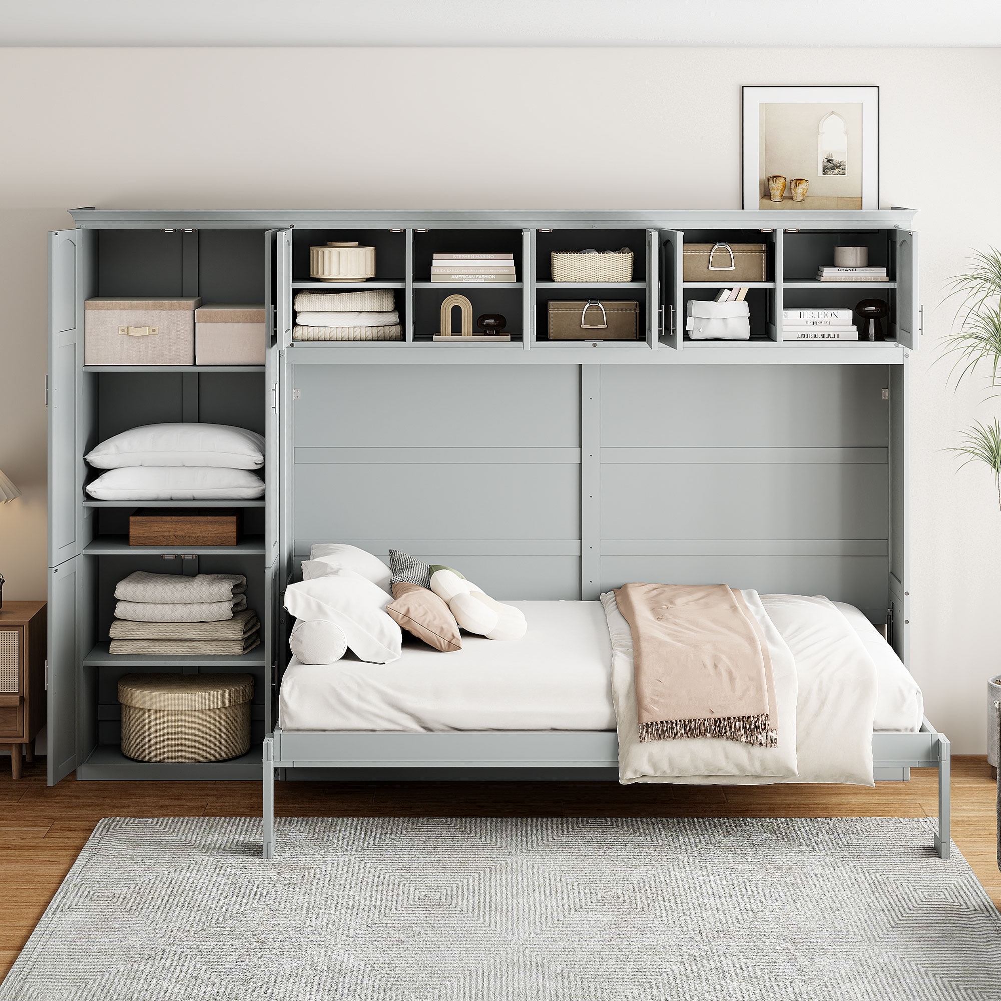 Elegance Queen Size Murphy Bed Convertible Wood Wall Bed with Integrated Storage Cabinets Space Saving Design