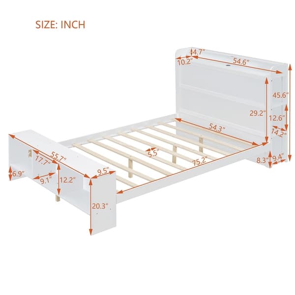 Full Size Platform Bed with built-in shelves, LED Light and USB ports ...