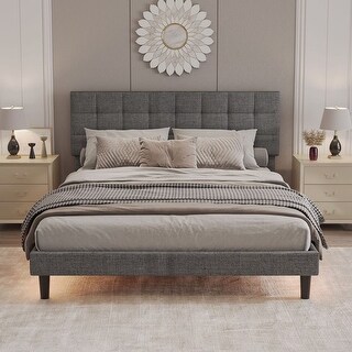 Grey Queen Size Upholstered Platform Bed with Adjustable Headboard ...