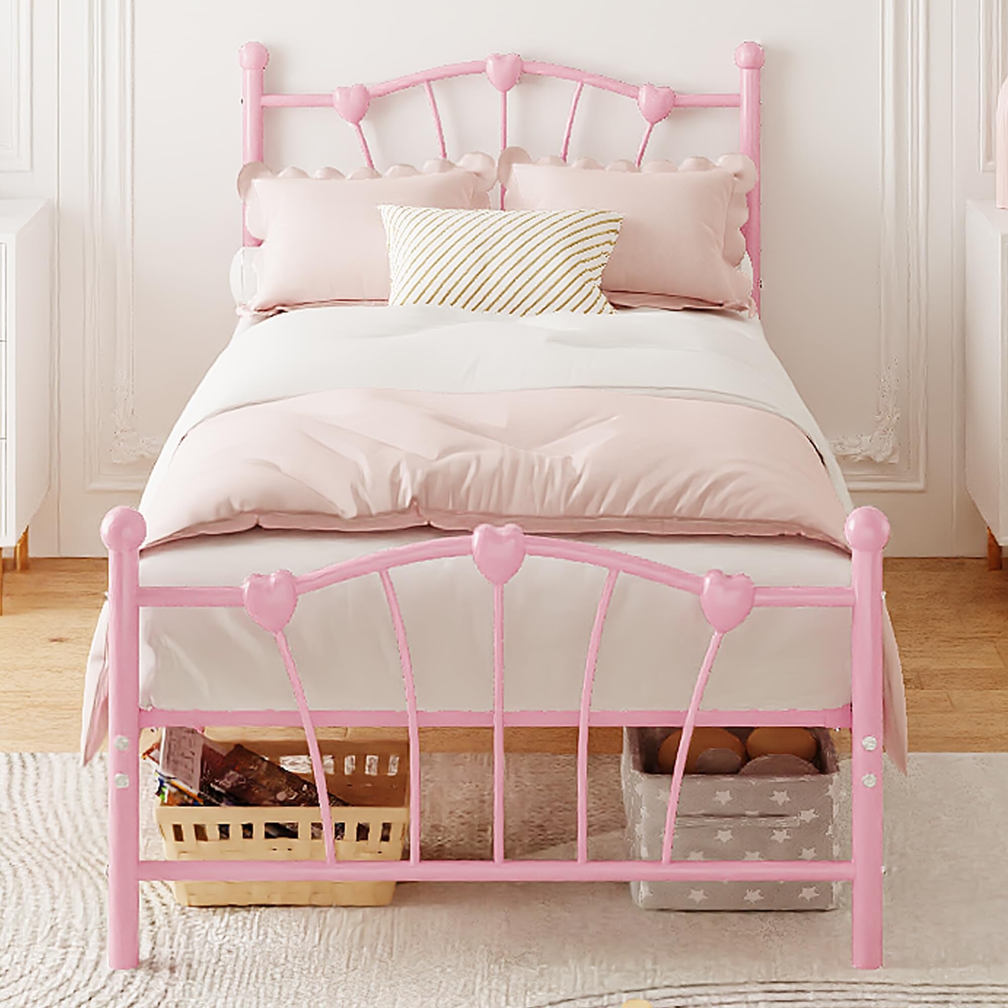 Twin Bed Frame for Kids Twin Bed Frame with Heart Shaped Headboard and Tailboard Pink