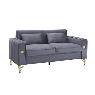 Blue Velvet Square Arms Loveseat with 2 Pillows and Gold Metal Legs ...