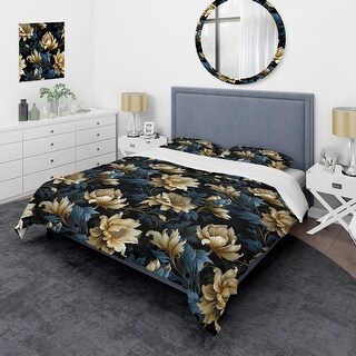 Designart "Dark Blue And Golden Techno Damask Realm II" Damask bed ...