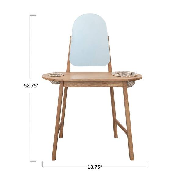 Oak Wood and MDF Vanity Table with Mirror and 2 Hand-Woven Rattan ...