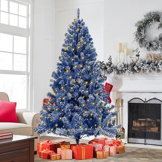 Eureka 6FT Blue Flocked Christmas Tree, Artificial Prelit Hinged Xmas ...
