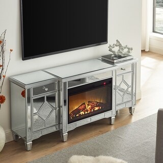 57" Silver TV Fireplace Cabinet, Modern Mirrored Finish, 3D Flame ...