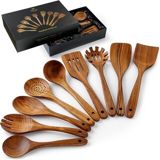 Zulay Kitchen 9-Piece Teak Wooden Utensils for Cooking - Bed Bath ...