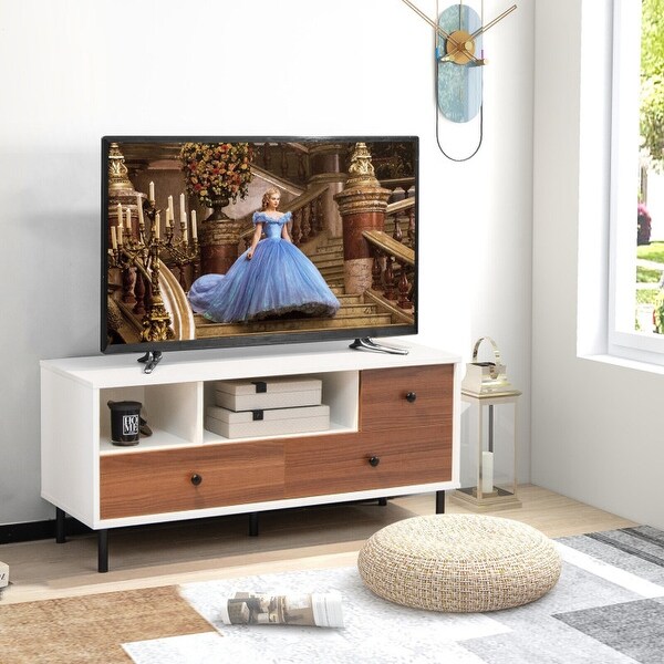 Mid Century TV Stand for 50 Inch TVS with 2 Cubbies and 3 Drawers 43.5 x 16.5 x 20 White Brown
