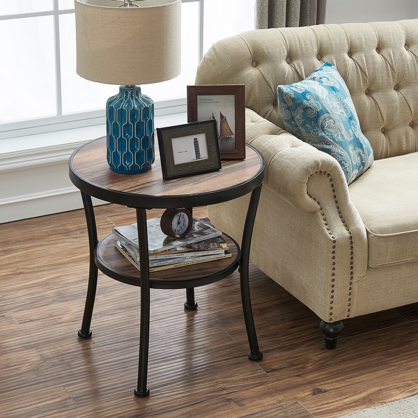 Myhozm Rustic Round End Table with Storage, Industrial Side Table for ...