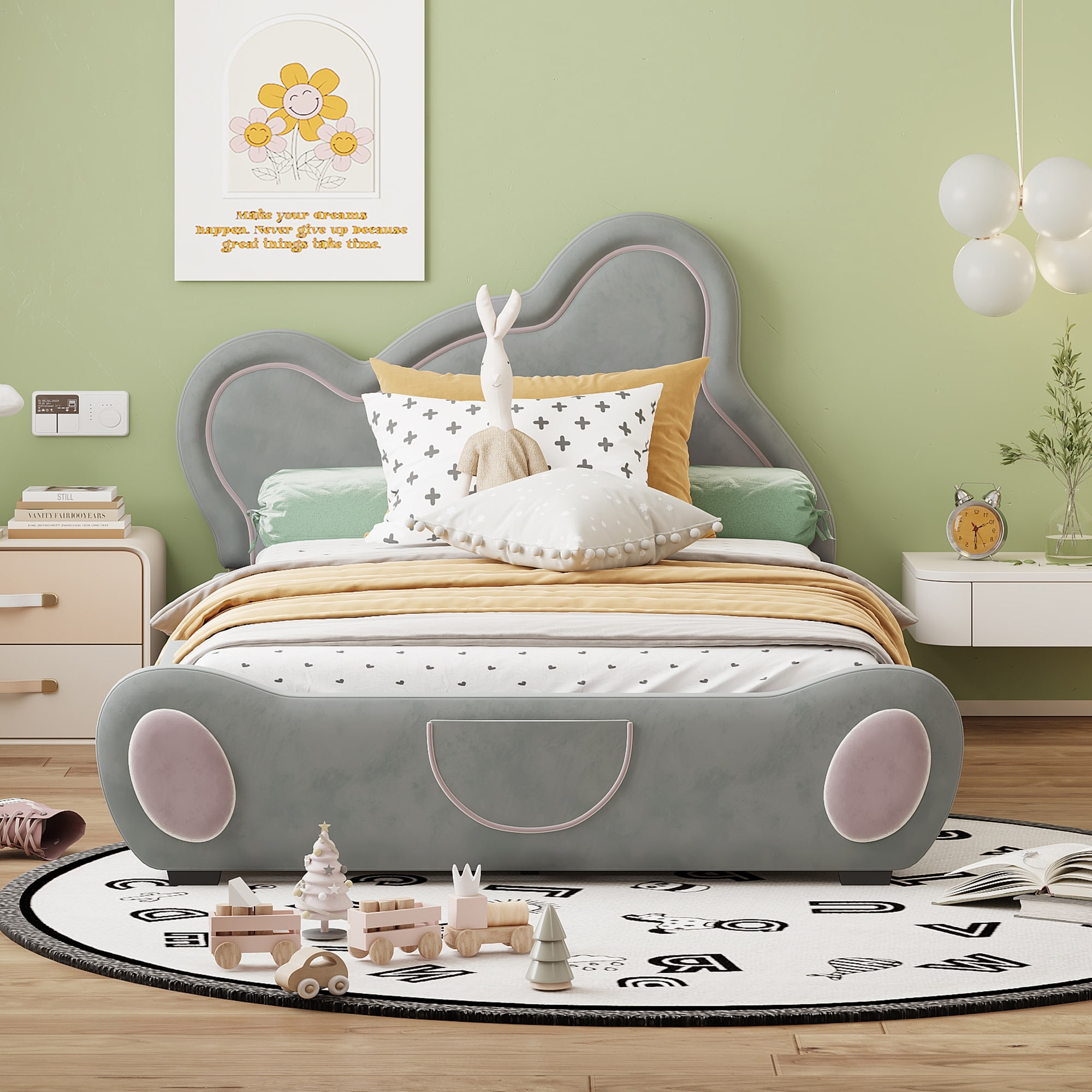 Twin Size Velvet Platform Bed with Bear Shaped Headboard and Bed End Storage Pocket Bed Bath Beyond 41731627