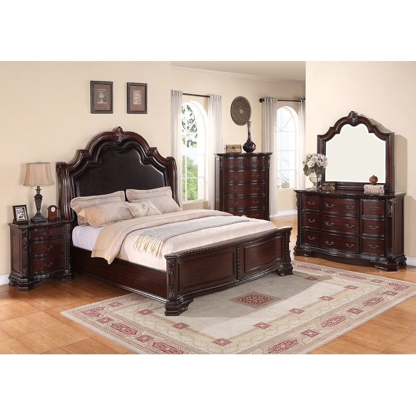 Merna 4 Piece Dark Cherry Faux Leather Upholstered Panel Bedroom Set ...