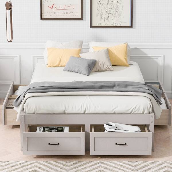 Full Bed with 6 Storage Drawers Easy Assembly Farmhouse Wood Slat ...