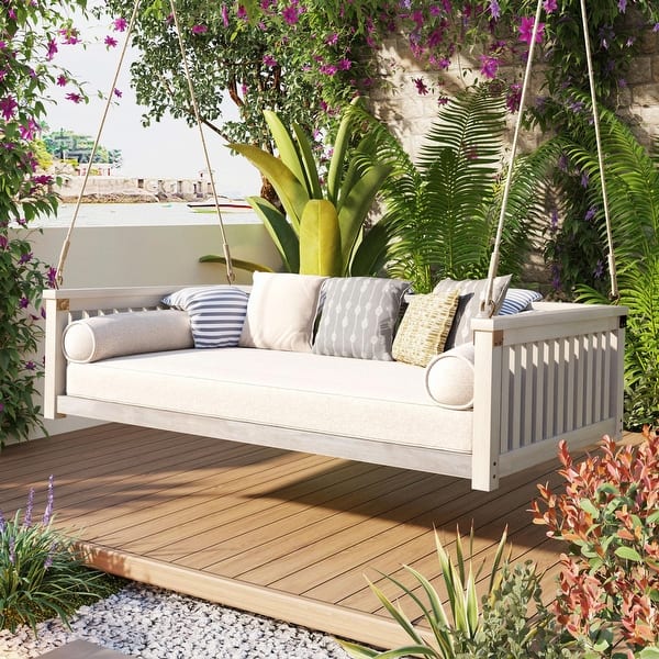 Minimalist Twin Size Wood Porch Swing with Ropes for Patio（Not include ...
