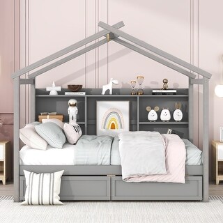 House-shaped Design Full Size House Bed with Storage Shelves and 2 ...