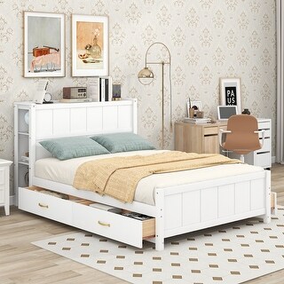 White Full Size Bed Frame with Shelves&Headboard, Platform 4 Storage ...