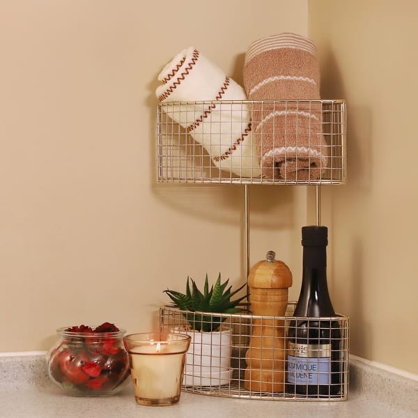 14" 2 Tier Metal Storage Corner Shelf Basket in Chrome/Silver - Bed ...